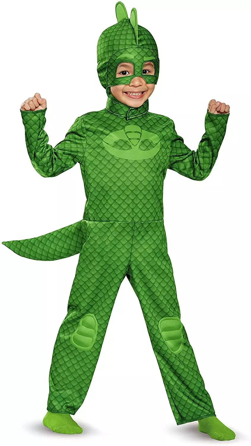 Infaneto portanta verdan Gecko-kostumon de