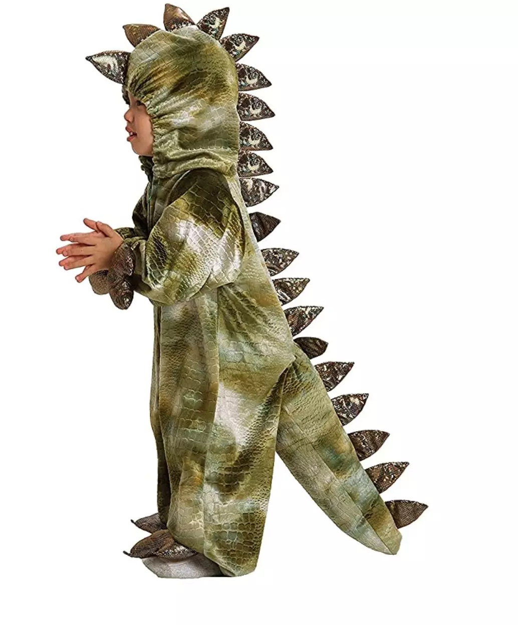 Vedere laterală a unui copil mic într-un costum de t-rex