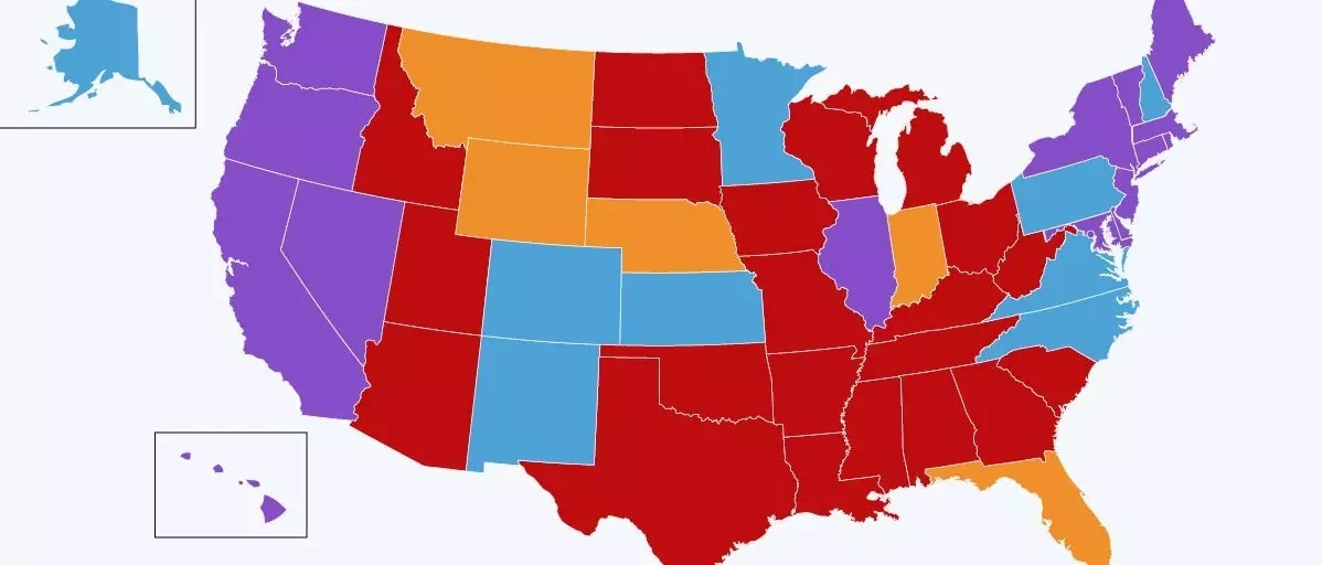 Kat jeyografik montre konbyen eta pral entèdi avòtman pandan ke Tribinal Siprèm ranvèse Roe V. Wade