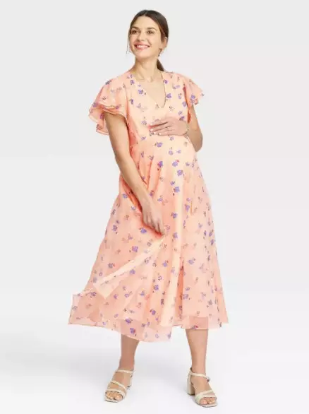 Floral Print Flutter Short Sleeve Chiffon Maternity Dress