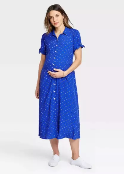 Robe de Grossesse Crêpe Manches Courtes Imprimé Fleuri Bleu