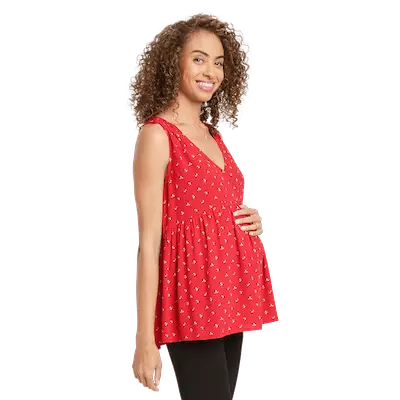 Smocked Shoulder Printed V-Neck Crepe Top