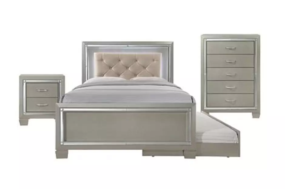 Conxunto de dormitorio de 3 pezas con plataforma xemelga Glamour Youth con nido