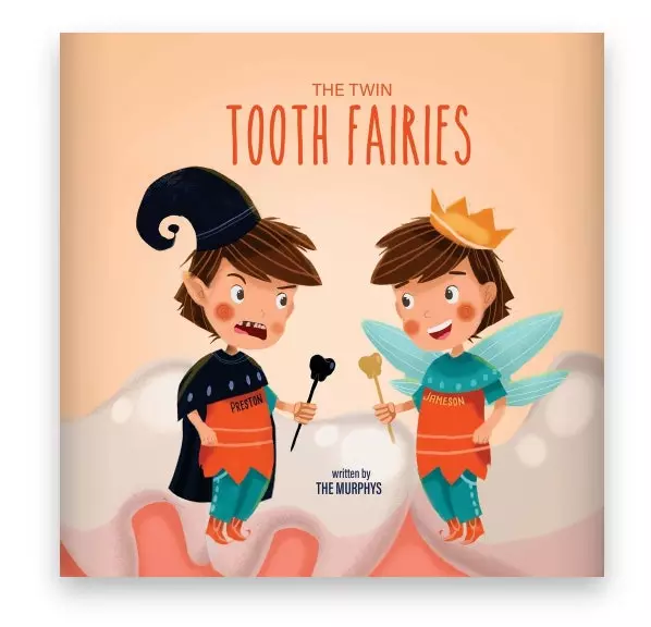 Portada do libro ilustrado; dúas fadas dos dentes con traxes diferentes, que tamén son xemelgas